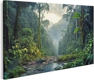 Islandburner Tableau sur toile Forêt Tropicale Paysage Arbres Brouillard Belle Forêt Végétation Rivière Jungle Cadre Affiche Poster Murale Tableaux