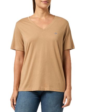 GANT Damen REG Shield SS V-Neck T-Shirt, Caramel Beige,S