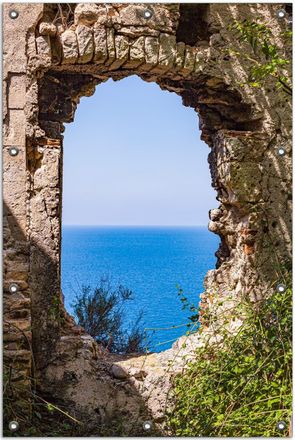 Wallario Outdoor-Poster f&uuml;r Garten oder Balkon Felsenblick aufs Meer, Motivbanner Gr&ouml;&szlig;e: ca. 80 x 120 cm, Outdoor-Bild