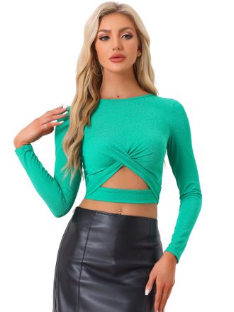 Allegra K Damen Crop Top Festival Outfit Glitzer Langarm Rundhals Crop Top Bauchfreies Shirt Seegr&uuml;n M