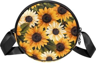 Generic Petit sac &agrave; bandouli&egrave;re rond pour femme, motif tournesol avec fermeture &eacute;clair, bretelles r&eacute;glables, style d&eacute;contract&eacute;, pour femmes et filles