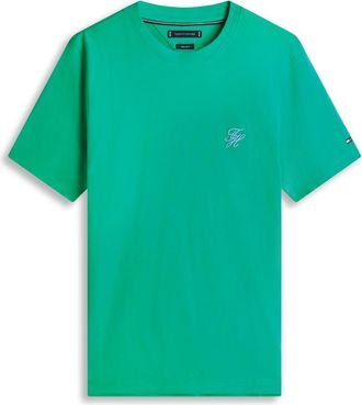 Tommy Hilfiger Glattes T-Shirt aus Baumwolle mit Monogramm-Stickerei, Regular Fit in