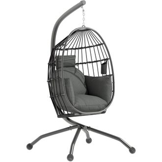 OUTSUNNY Fauteuil oeuf suspendu - Outsunny - int&eacute;rieur et ext&eacute;rieur - panier pliable - coussin rembourr&eacute; - cadre en acier - gris fonc&eacute;