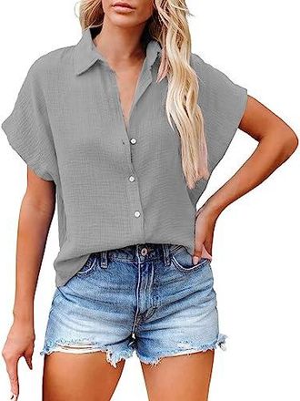 Generic Chemisier en lin pour femme - Grandes tailles - Chemise en lin &agrave; manches courtes - Noir - Pour femme - Chemisier d&eacute;t&eacute; en mousseline avec boutons - Tun