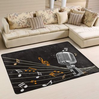 Mnsruu Teppich mit Mikrofon und Noten, Vintage-Stil, für Wohnzimmer, Schlafzimmer, Textil, Multi, 91cm x 61cm(3 x 2 feet)