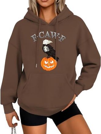 Generic Sweat &agrave; capuche dHalloween pour femme | Crow Pumpkin - Pull &agrave; capuche &agrave; manches longues pour lautomne et lhiver | pour les voyages, caf&eacute;, L
