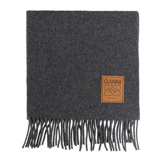 Ganni Wool Scarf With Logo - - Accessories - Damen - Grau - ONE SIZE