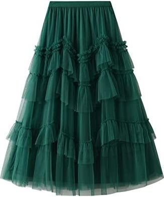 Dissa Jupe Mi-Longue Femme en Tulle Vert Jupe Gâteau avec Couleur Solide Jupe Trapèze pour Femme,Taille Unique,SKD1865