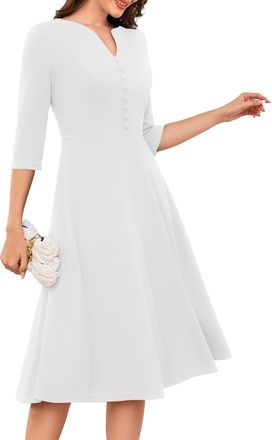 Dresstells Damen Cocktailkleid Formal Hochzeit Gast Kirche Kleider mit 3/4 &Auml;rmeln Festliche Kleider Abendkleider Elegant Weihnachtskleid White 2XL