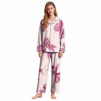 Generic Ensemble de pyjama 2 pi&egrave;ces en satin de soie pour femme - Imprim&eacute; coeur romantique - Manches longues - Haut et pantalon boutonn&eacute;s - V&ecirc;tements doux et 