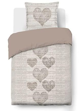 Vision Streetwear Parure de lit Alice - 100% Coton - Coeurs - Coloris: Beige - Set de Housse de Couette 140 x 200 cm avec 1 taie doreiller pour lit 1 Personne - Certifi