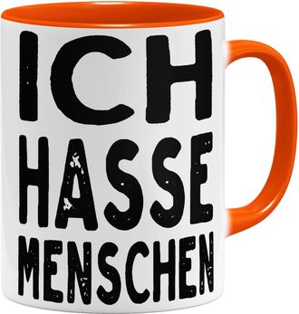 OM3 Ich hasse Menschen Kaffee-Tasse mit Spruch II - Statement Spruchtasse - Keramik Becher - 11oz 325ml - Beidseitig Bedruckt - Orange