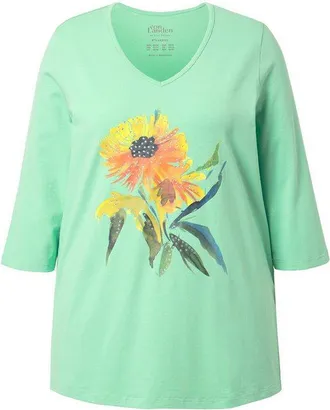 Ulla Popken T-Shirt Shirt Sonnenblume A-Linie V-Ausschnitt 3/4-Arm