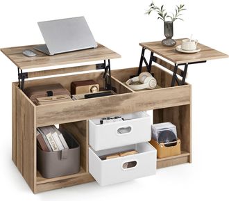 Vasagle Couchtisch, höhenverstellbarer Wohnzimmertisch, 2 Schubladen und versteckte Fächer, Kaffeetisch, offene Fächer, für Wohnzimmer, Homeoffice, Kamelbraun