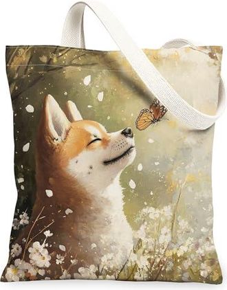 Generic Sac fourre-tout en toile motif chien Shiba Inu de printemps 33 x 38 cm, motif papillons amusants, sac d&eacute;picerie r&eacute;utilisable pour femme, animal de com