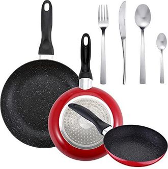 San Ignacio Packung mit 3 Pfannen, Durchmesser 16 cm, Durchmesser 20 cm, Durchmesser 24 cm, 16 Stück Besteckset aus Edelstahl