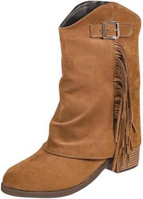 Generic Bottes de mollet larges pour femme - Style d&eacute;contract&eacute; - Avec pompons - Couleur unie - Talon bas - Boucle - Confortables - Classiques - Pour f&ecirc;te et l