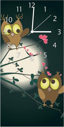 Wallario Design-Wanduhr Süße verliebte Eulen auf dem AST bei Nacht im Mondschein aus Glas, Motiv-Uhr Größe 30 x 60 cm, weiße Zeiger