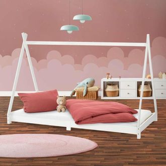 ML Design Ml-design - Lit dEnfants Tipi 90x200 cm avec Sommier &agrave; Lattes, Bois Massif, Blanc, Tente Indien de Jeu Int&eacute;rieur, Cadre pour Fille et Gar&ccedil;on