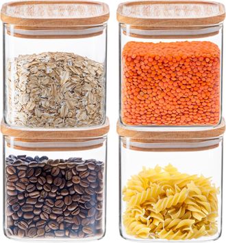 Argon Tableware Quadratische Vorratsgläser mit Luftdichten Holzdeckeln - 680ml - 4 Pack - Modern Küche Container Einmachgläser zum Einlegen, Chutney, Marmelade, Kaffe