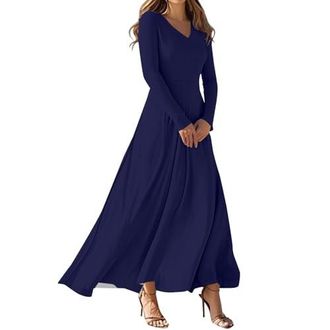 Generic Robes pour femme - Manches longues - D&eacute;contract&eacute;e - Col en V - Couleur unie - Robe longue d&eacute;t&eacute; pour femme - Longueur genou - Fleurs, bleu fonc&eacute;, XXL