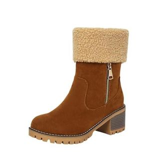 Generic Bottes dhiver pour femme doubl&eacute;es de fausse fourrure confortables mi-mollet &eacute;l&eacute;gantes d&eacute;contract&eacute;es r&eacute;tro talon &eacute;pais fermeture &eacute;clair lat&eacute;rale confor