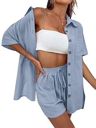 ORANDESIGNE Femme Ensemble 2 Pièces Chemise à Manches Courtes + Short Élégante Casual Shirt Button Down et Short Taille Haute Costume Deux Pièces été Tenue de Pla