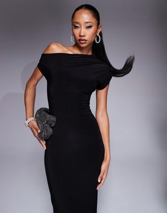 KAIIA Exklusives, doppellagiges, schulterfreies Bodycon-Maxikleid in Schwarz mit Drapierung und geschmeidiger Haptik
