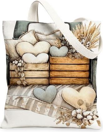 Generic Sacs fourre-tout vintage en toile rustique, motifs coeurs, sacs d&eacute;picerie, sacs d&eacute;picerie r&eacute;utilisables, l&eacute;gers et lavables en toile pour les voyages,