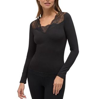 Ysabel Mora T-shirt thermique &agrave; col en V avec dentelle &eacute;l&eacute;gante et f&eacute;minine pour femme, confortable et doux, id&eacute;al par temps froid, polyvalent pour usage int&eacute;rieu