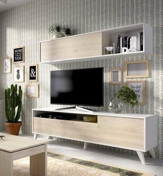 Dmora Wohnzimmermöbel Tambo, Modulares Wohnzimmerset, Mehrzweck-Wohnzimmermöbel, Moderner TV-Schrank, 180x41 h180 cm, Weiß und Eiche