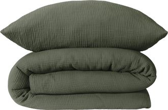 Schiesser Bettwäscheset Molly | 2-teilig | Uni | Musselin | 100% Baumwolle | Oeko-Tex Zertifiziert | Reißverschluss | 135x200cm + 80x80cm | Dunkelgrün