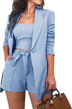 Onsoyours Ensemble Femme Blazer Tailleur+Top+Short de Bureau 3 Pièces Veste de Costume Manteau Blouson Casual pour Affaires Soiree Formel Bureau Travail Bleu XS