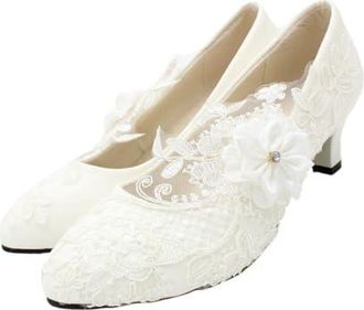 Supvox Chaussures de Mariage Blanches en Dentelle Escarpins &agrave; Talons Carr&eacute;s 5 CM pour Femme &Eacute;l&eacute;gantes et Romantiques pour C&eacute;r&eacute;monie Soir&eacute;e et &Eacute;v&eacute;nement Sp&eacute;ci