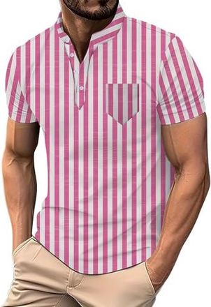 Generic T-shirt ray&eacute; pour homme d&eacute;contract&eacute; et tendance avec bouton et col montant., rose, 3XL