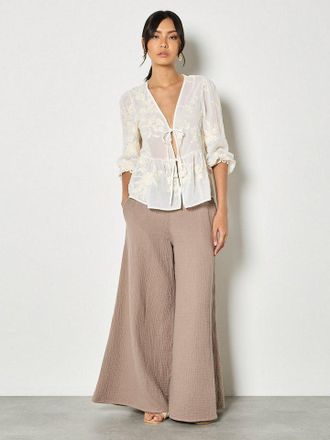 Apricot R&uuml;schenbluse Besticktes Chiffon-Oberteil mit Blumenmuster mit Stickerei