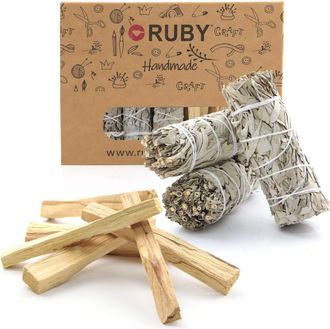 Ruby+Ed 3 Bündel Weißer Salbei Räuchern und 6 Palo Santo zum Brennen, Weisser Salbei zum Räuchern, Räucherset Hausreinigung (3 Pzas Salvia + 6 Pzas Palo Santo