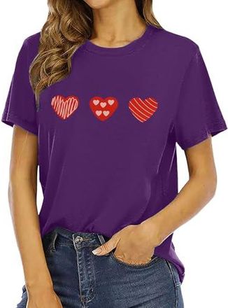 Generic T-shirt d&eacute;contract&eacute; &agrave; manches courtes pour femme Motif Saint-Valentin 2026, violet, XXL