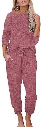 Ekouaer Ensembles de Pyjamas pour Femmes à Manches Longues Hiver Col Rond Vêtements de Nuit avec Poches Rouge S