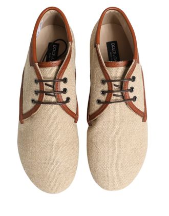 Dolce & Gabbana Beige Canvas Lace-Up Men Dress Derby Shoes With Leather Trim