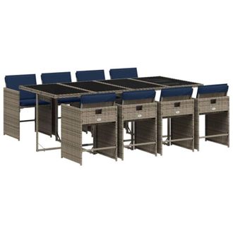 vidaXL 9-teiliges Garten-Ess-Set mit Kissen, grau, Polyrattan vidaXL