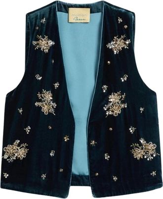 Momoni Femme, Vestes, Bleu, Taille: 38 FR Gilet en velours de soie et viscose avec broderie ramage en sequins et perles