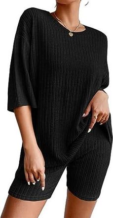 TOMWELL Femmes Ensemble Décontracté Côtelé Tricot Pyjama Ensemble 2Pcs Suit Manches Courtes Col Rond Été Oversize T-Shirt + Short Cycliste Sportswear pour Yog