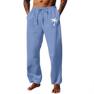Generic Pantalon de plage en lin pour homme - Imprim&eacute; cocotier - Coupe ample - Pantalon hawa&iuml;en - Jambe droite - Pantalon de vacances - Taille &eacute;lastique - Pan