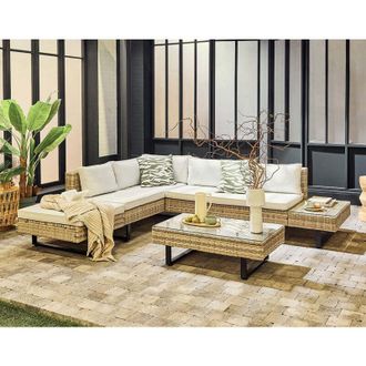 Best Mobilier Sashi - salon de jardin dangle en r&eacute;sine beige et grise - 5 places - coussins gris clair et table incluse