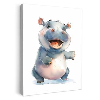 MuchoWow &copy; Leinwandbilder 50x70 cm Wall Art Decoration Bilder f&uuml;r die Wand Schlafzimmer Deko Canvas Painting Wanddekoration Kinderzimmer Nilpferd - Aquarell - 