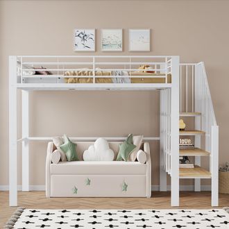 Merax Hochbett Metallbett 140 x 200 Kinder & Erwachsene,mit Treppe, Ger&auml;umiger Stauraum unter dem Bett, Hochbett f&uuml;r Kinderzimmer, Schlafzimmer & kleine Woh