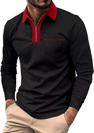 Generic Polo pour homme adulte, t-shirt &agrave; manches longues, col standard, fermeture &eacute;clair 1/4 avec poche poitrine, coupe d&eacute;contract&eacute;e, couleur unie, t-shirt H