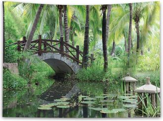 Abakuhaus Zen Garten Wandteppich, Park in Südchina aus Weiches Mikrofaser Stoff Waschbar ohne Verblassen Digitaldruck, 150 x 110 cm, Braun Grün