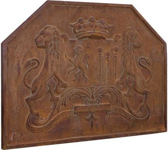 Biscottini International Gusseisenplatte, Giebel mit Wappen für Kamin, Kaminplatte, Funkenfänger, Schutzgitter, Böden und Wände schützen
